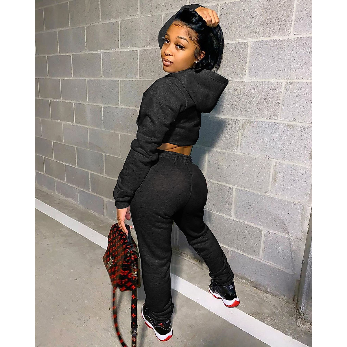 Women 2 Piece Outfits Sets, Long Sleeve Hoodie Crop Top Jogger Pants Sweatsuits Sport Set Black L