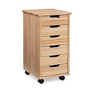 Linon Callie Multipurpose Six Drawer Natural Wood Rolling Storage Cart with Casters in Brown