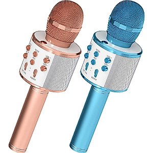 OVELLIC 2 Pack Karaoke Microphone for Kids, Wireless Bluetooth Karaoke Microphone for Singing, Portable Handheld Mic Speaker Machine, Great Gifts Toys for Girls Boys Adults All Age (Rose Gold & Blue)