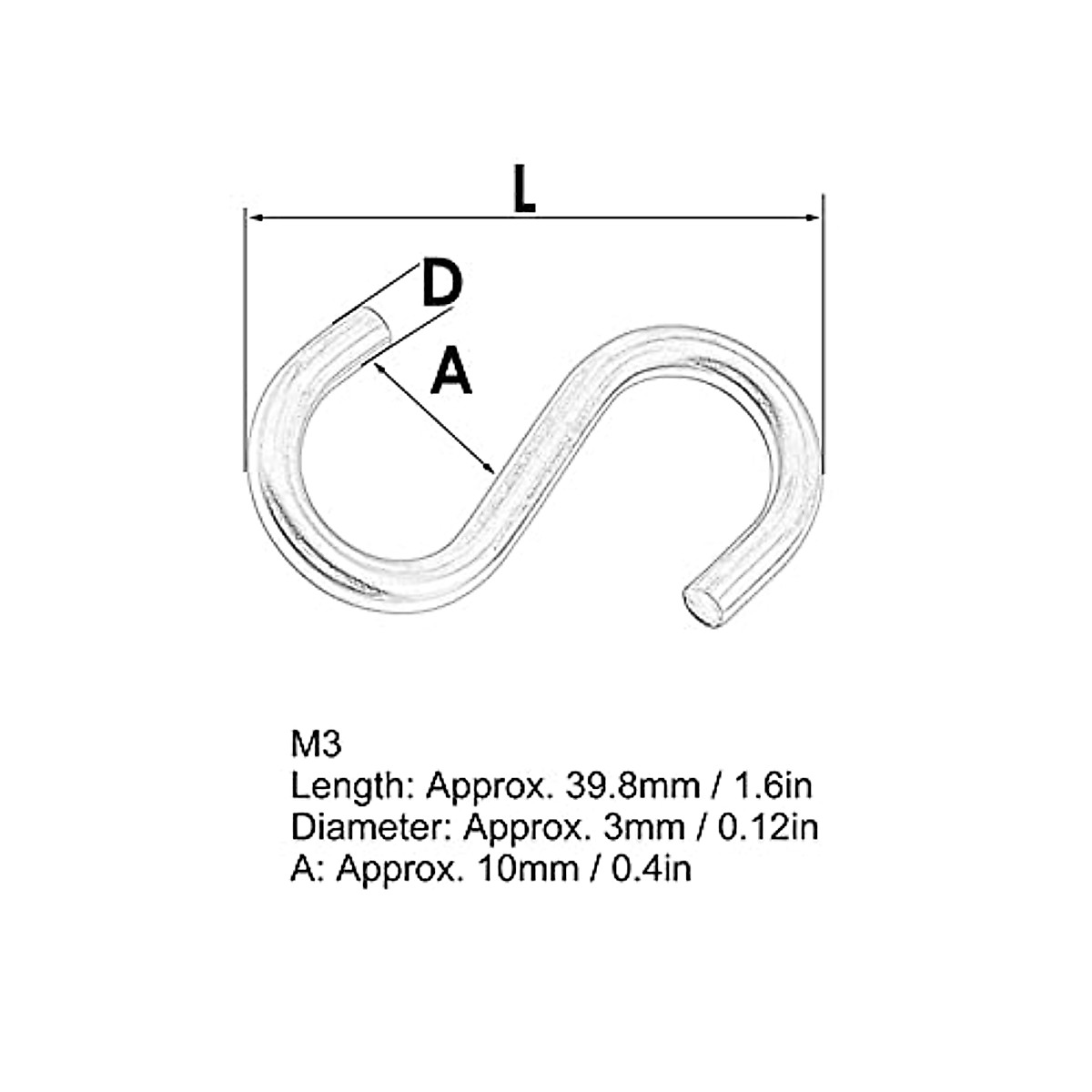 Tissting 20 Pcs M3 S Shaped Hooks Heavy Duty Stainless Steel Hanging Hooks Multi Purpose Hooks for Basketball Hoop Garden Bedroom(36.8mm / 1.6in)