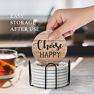 RayPard Absorbent Coasters Stone Coaster Set of 8, Cork Base, with Holder, Wood Look, Farmhouse Country Life Outdoor for Housewarming Apartment Kitchen Room Bar Décor, Rustic Style (Black Holder)