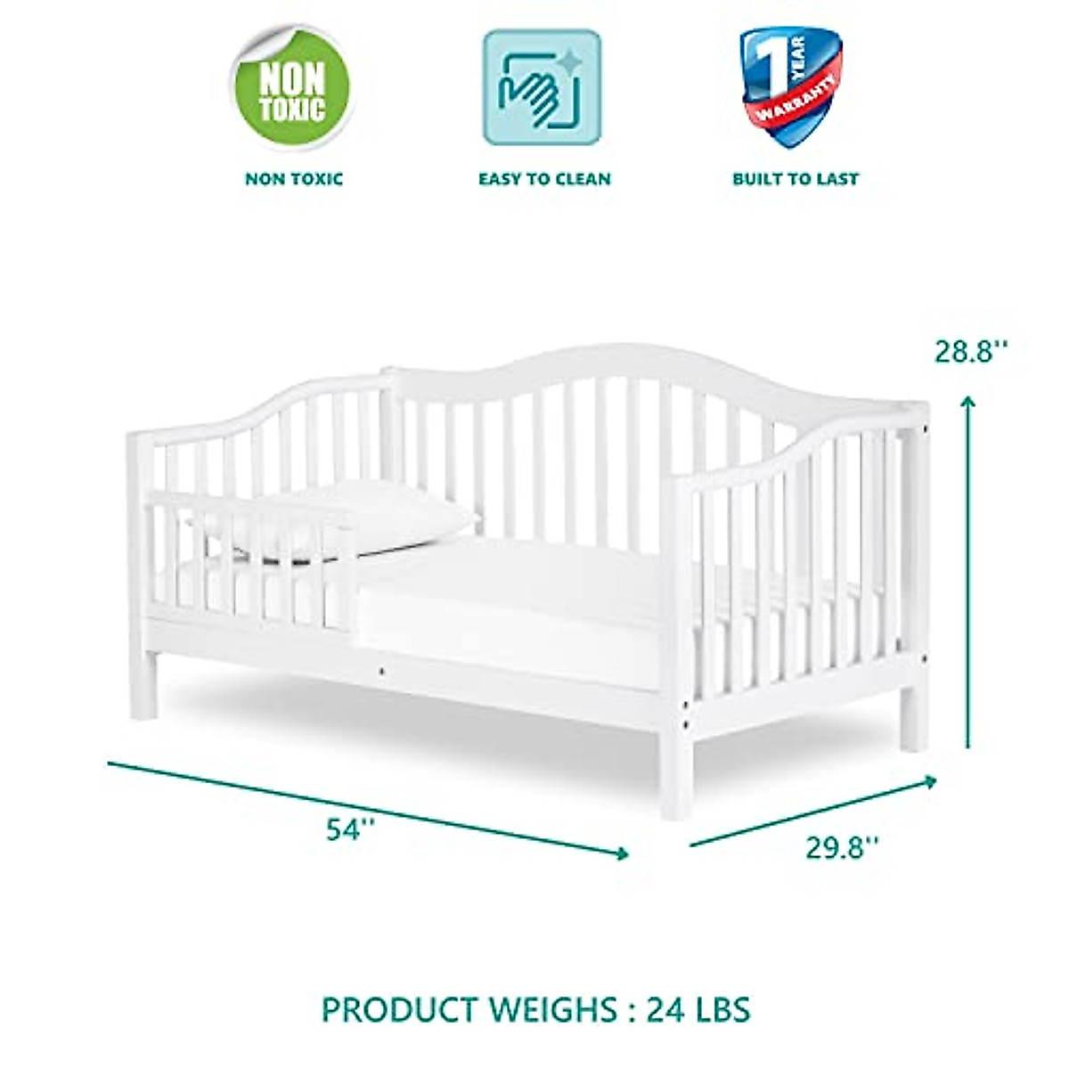 Dream On Me Austin Toddler Day Bed in White, Greenguard Gold Certified 54x30x29 Inch (Pack of 1)