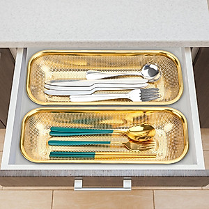 Snailhouse Silverware Organizer, 2 Pack Stainless Steel Utensil Cutlery Flatware Spoon Tray Organizer Holder Storage Box Case Divider for Kitchen Drawer, Gold