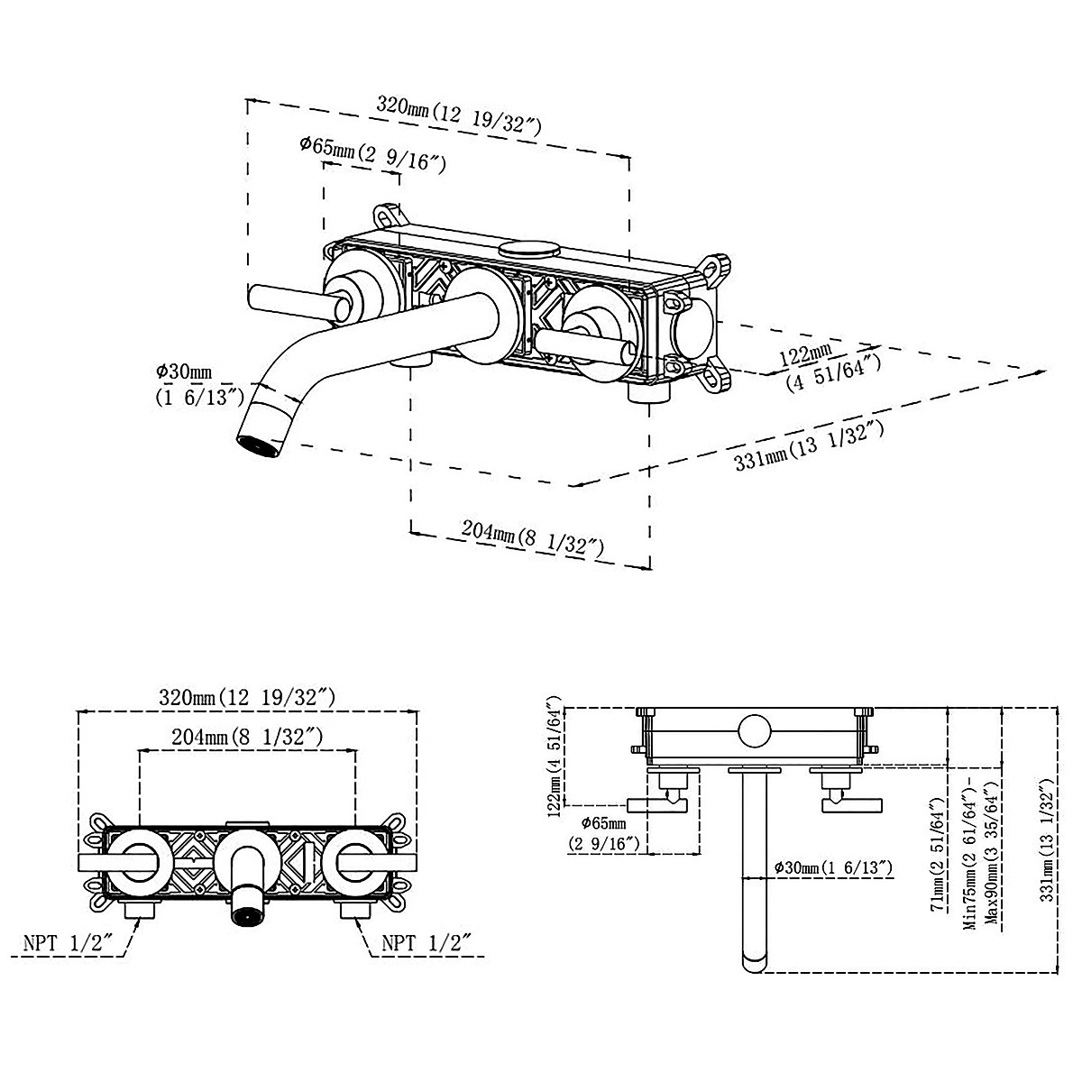indare Wall Mount Tub Filler， Brass High Flow Tub Filler Brushed Gold Roman Tub Faucet， Bathtub Faucets with 2 Handles， Long Spout Reach
