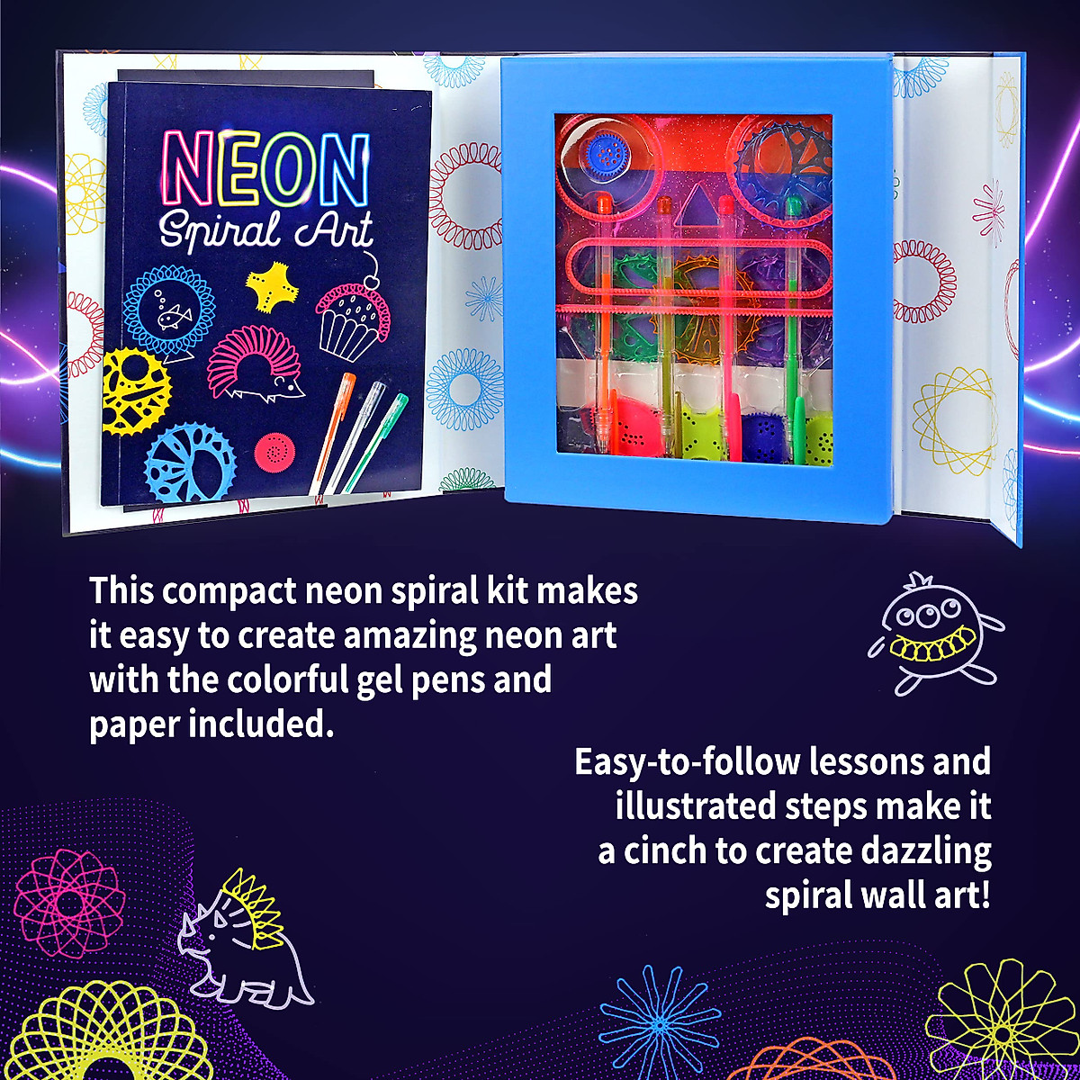 SpiceBox Spiral Art Drawing Kit for Kids, Neon Art Set, Stencil Draw Tools Children’s Creative Activities, 14 Twisted Projects, Step by Step Instruction, Age Range 8+