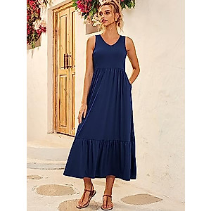 LILLUSORY Women's Summer Sleeveless V Neck Flowy Swing Dresses Casual Tiered Long Maxi Dress with Pockets Navy Blue