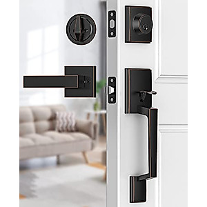 Brightify Oil Bronze Front Door Handle, Oil Bronze Exterior door handle with Door Lever, Modern Front Door Lock Set, Adjustable Deadbolt Lock Set with Single Cylinder, Reversible for Right&Left Handed