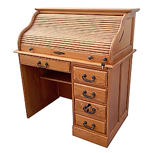 Small Roll Top Desk for Home Office Or Student Solid Oak Wood Single Pedestal 40.5Wx24Dx45H Harvest Stain Quality Crafted Construction Locking File Drawers Dovetailed Secretary Desk Easy Assembly