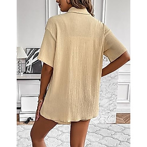 Ekouaer Womens Lounge Sets 2 Piece Outfits Casual Tracksuit Pajamas Set Button Down Shirt and Shorts Pockets Brown L