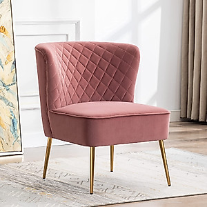 DUHOME Velvet Accent Chair, Armless Slipper Chair, Vanity Chairs Makeup Chair with Back, Upholstered Sofa Chair with Golden Legs Barrel Chair for Living Room, Bedroom Pink