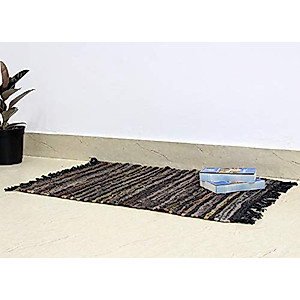 COTTON CRAFT Leather Chindi Area Rug - Boho Farmhouse Rustic Accent Rug - Handwoven Reversible Natural Recycled Leather Throw Rug - Entryway Living Room Dorm Study Gift - 24 x 36 Inch - Tan Multicolor