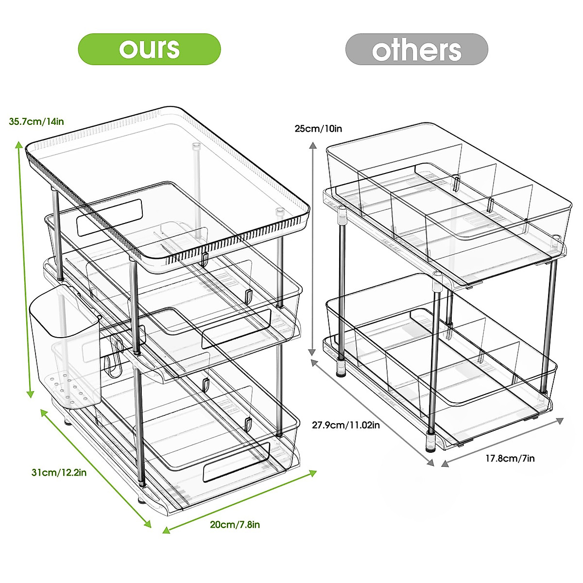 NIHEHAG Large 3 Tier Under Sink Organizers and Storage Bathroom - Multi Purpose Bathroom Cabinet Organizer,Pull Out Organizer and Storage with Dividers/Hooks,Clear Adjustable Medicine Bins (XL)