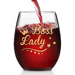 Modwnfy Boss Gifts for Women, Boss Lady Stemless Wine Glass, Boss Female Wine Glass for Boss Lady Women Her Mother Wife Sister Friend, Boss Gifts on Christmas Bosses Day Birthday Farewell, 15 Oz