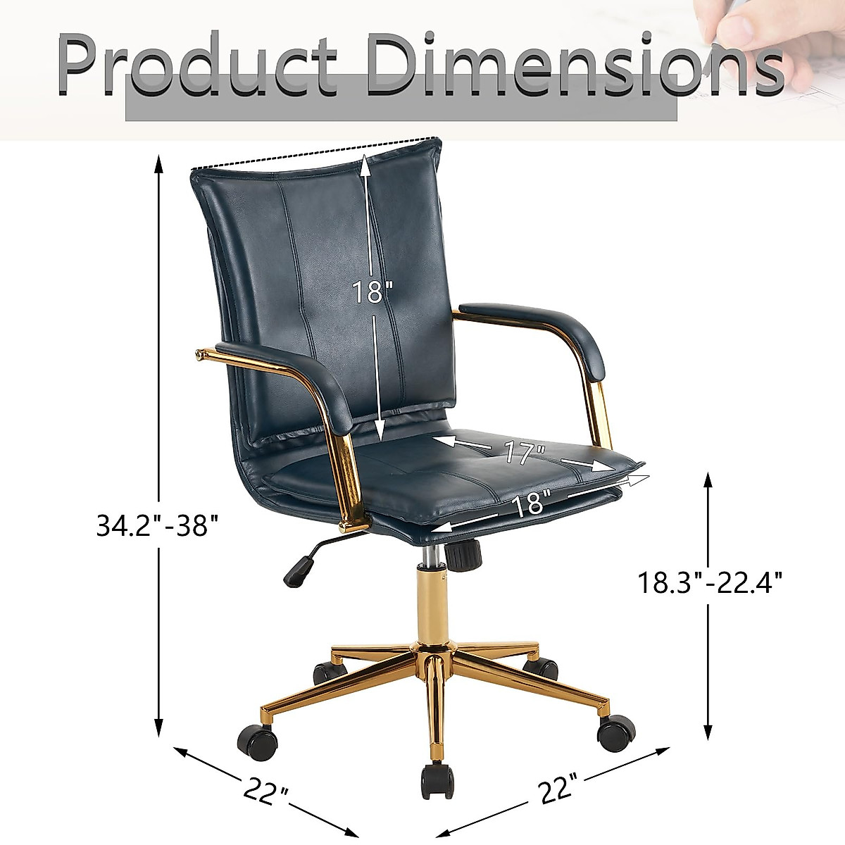 MOJAY Mid-Back Ergonomic Leather Office Chair, Modern Upholstered Executive Desk Chair with Gold Frame Armrest Computer Task Chair (DarkBlue)
