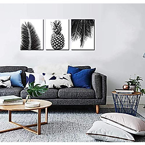 Nachic Wall - 3 Piece Black and White Canvas Wall Art Hawaii Pineapple Tropical Leaves Picture Painting on Canvas for Bedroom Bathroom Wall Decor Stretched Canvas Wrapped Ready to Hang