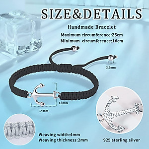 J.Endéar Anchor String Rope Bracelet for Women Men, Filigree Handmade Braided Bracelet Adjustable, Dainty Sterling Silver 925 Anchor Jewelry Sailor Gift for Unisex, Black