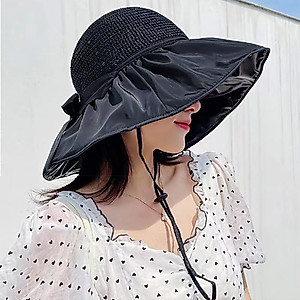 Women's UPF 50+ UV Sun Protection Breathable Wide Brim bowknot bucket hat Sun Hat (H-Black)