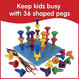 edxeducation Geo Pegs and Peg Board Set - 36 Pegs in 3 Shapes and 6 Colors + 3 Laces - Ages 18m+ - Homeschool Supplies for Preschool Activities