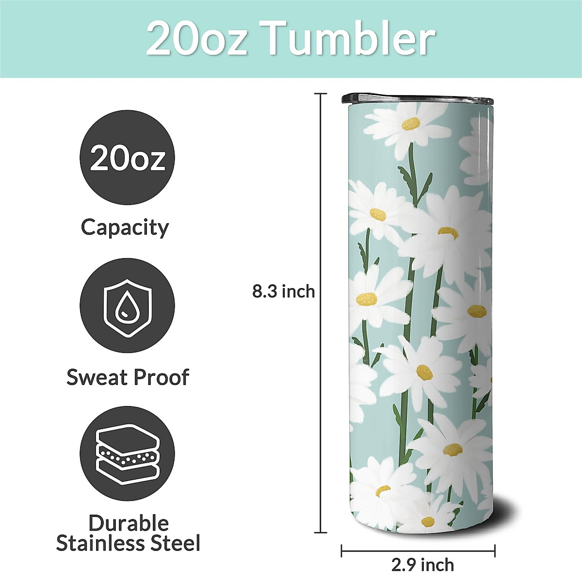owbgsdh 20 oz Daisy Skinny Tumblers with Lid and Straw, Daisy Stainless Steel Vacuum Insulated Travel Coffee Mug Cup Water Bottle, Daisy Decor Stuff Accessories, Gifts for Women Girls Daisy Lover