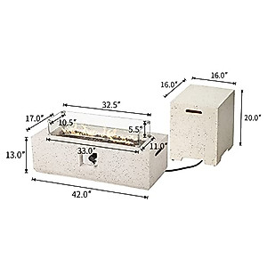 COSIEST 2-Piece Outdoor Propane Fire Pit Table Set w Tank Table, 42-inch Terrazzo Rectangle Fire Table (50,000 BTU) w 16 inches Tank Cover Side Table 20lb, Wind Guard, Rain Cover for Garden, Pool