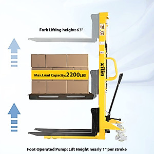 Xilin Manual Pallet Truck Stacker 2200lbs Capacity 63" Hydraulic Lift Height with Adjustable Forks and Fixed Legs Handling Tools