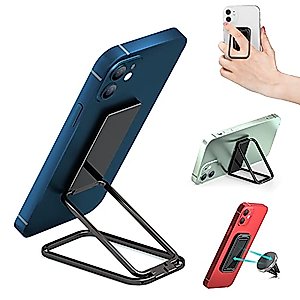 Cell Phone Ring Holder Stand Finger Kickstand, Tablet Stands, Ultra-Thin 360° Rotation Phones Back Grip Foldable for Video/Hand/Desk/Bed (Universal Magnetic Car Mount) –Metal Black