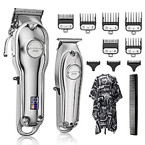 SUPRENT® Professional Hair Clippers for Men, Hair Cutting Kit & Zero Gap T-Blade Trimmer Combo, Cordless Barber Clipper Set with LED Display for Mens Gifts (Silver)
