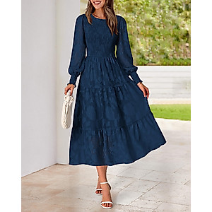 BTFBM Casual Women's 2025 Fall Dresses Elegant Wedding Guest Dress Long Sleeve Floral Midi Dress Flowy Bohemian Long Dress(Dark Blue,Small)