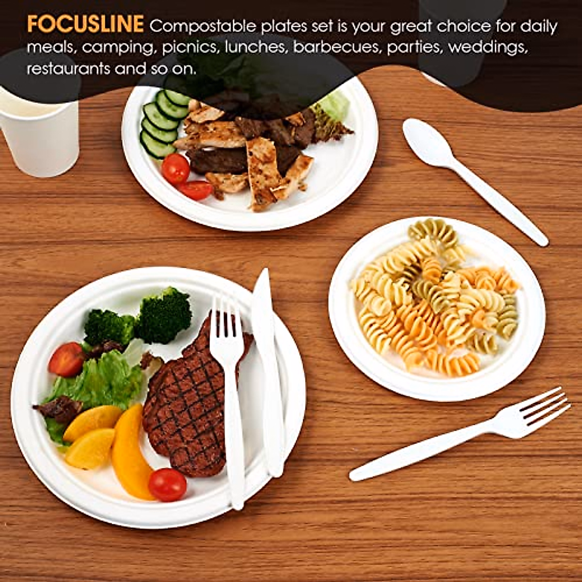 FOCUSLINE 150 Count Compostable Paper Plates and Utensils 30 Guest, Heavy-Duty Disposable Bagasse Plates Eco-Friendly Biodegradable Cutlery, Natural Eco-friendly Compostable Dinnerware