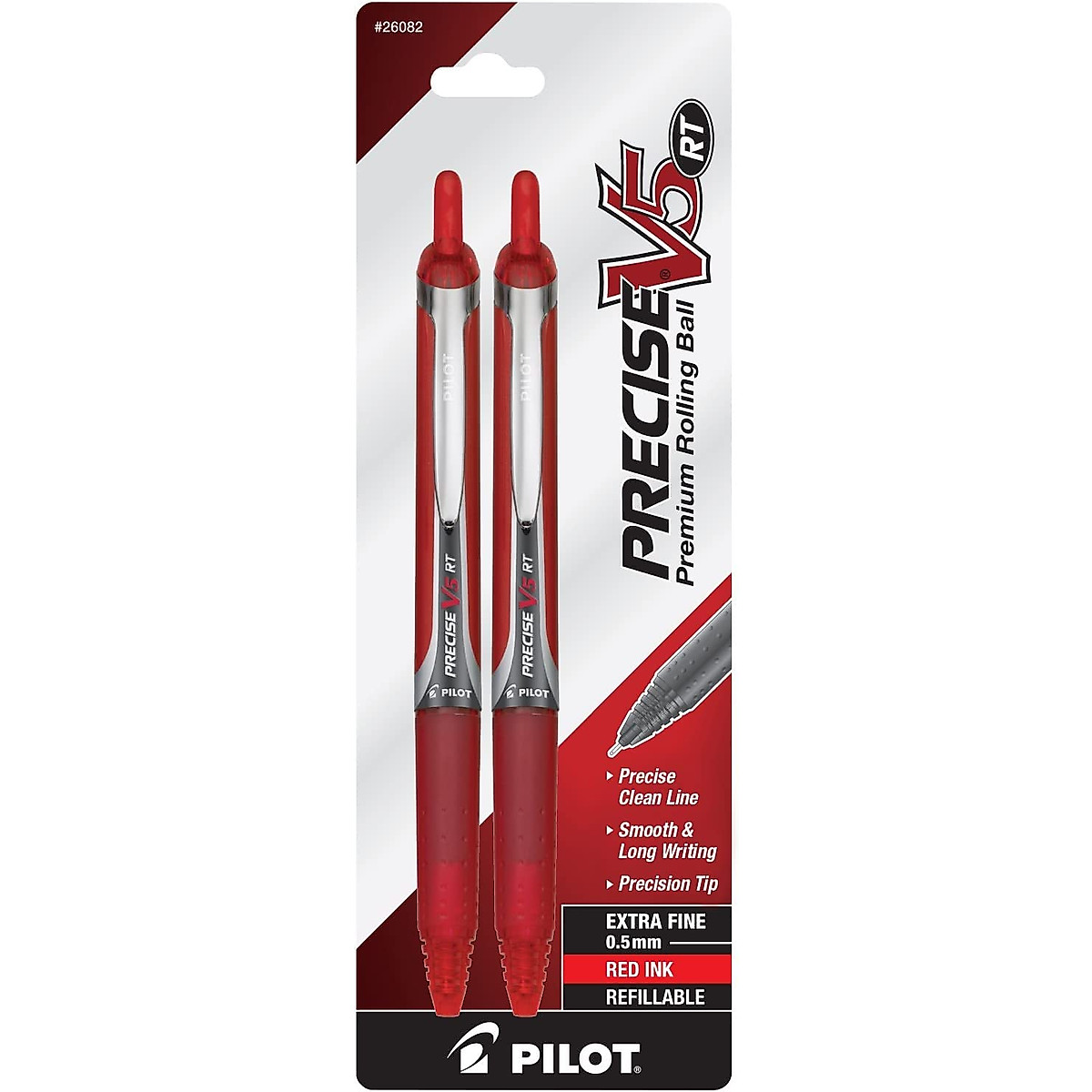 PILOT Precise V5 RT Refillable & Retractable Liquid Ink Rolling Ball Pens, Extra Fine Point (0.5mm) Red Ink, 2-Pack (26082)