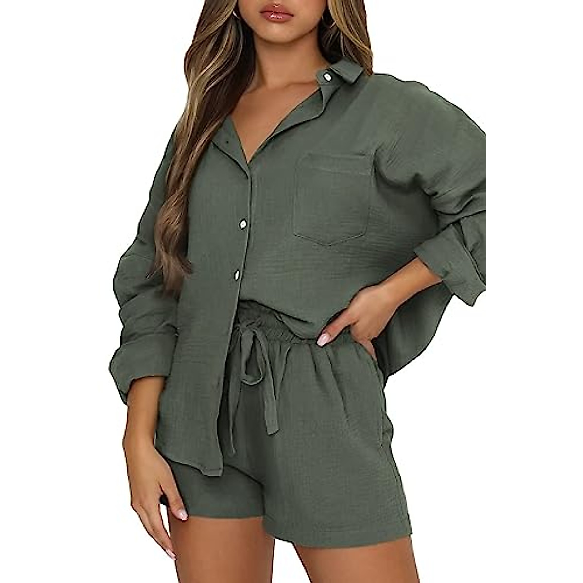Trendy Queen 2 Piece Outfits Women Lounge Matching Sets Two Piece Linen Shorts Sets 2023 Fall Fashion Outfits Beach Vacation Summer Tracksuit