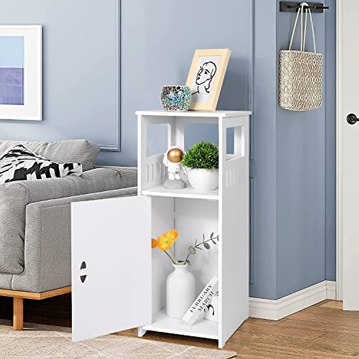 Bathroom Floor Storage Cabinet White,Narrow Space Cabinet with Door and Shelf,Bathroom Furniture Cabinet,Side Organizer Rack Stand Table,Side Table/Nightstand/Side Cabinet for Bedroom Living Room.