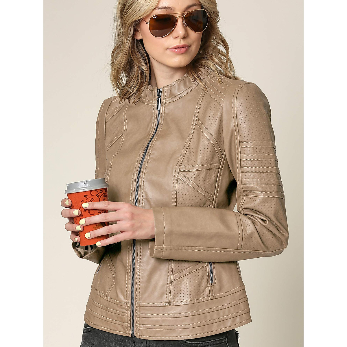 Made By Johnny MBJ WJC746 Womens Vegan Leather Motorcycle Jacket S Khaki