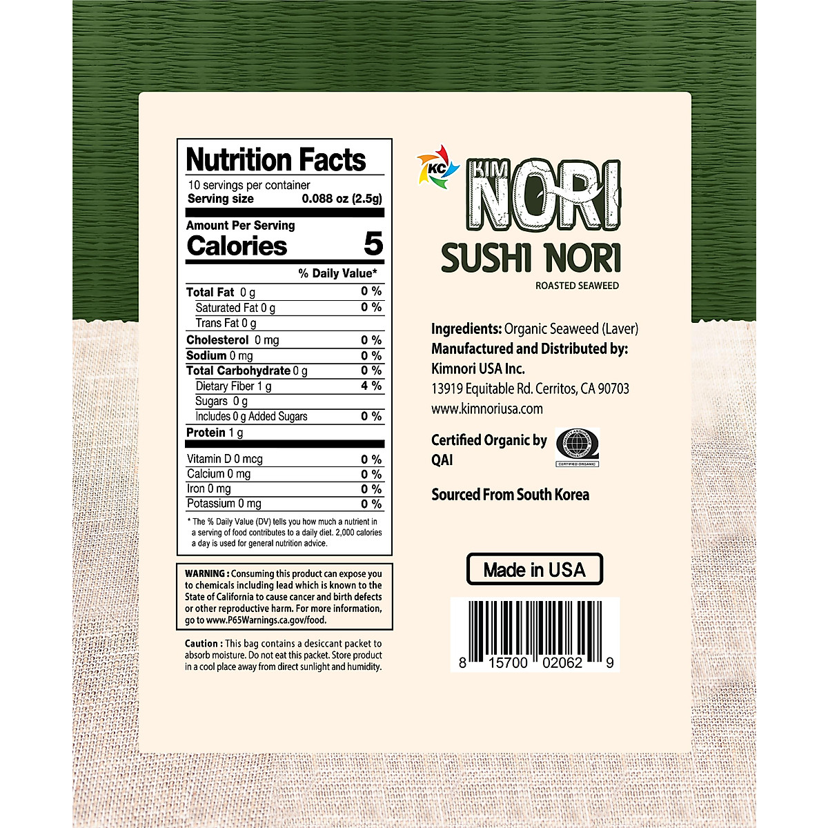 KIMNORI Sushi Nori Seaweed Sheets – 10 Full Size USDA Organic Yaki Roasted Rolls Wraps Snack 100% Natural Laver Gluten Free No MSG Non GMO Vegan Kosher 25 Gram 0.88 Ounce 김 のり 海苔 紫菜