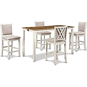 New Classic Furniture Amy Farmhouse Kitchen Counter Island Dining Table for 4 with Storage Shelf & USB Chargers, Two Tone Vintage White/Brown