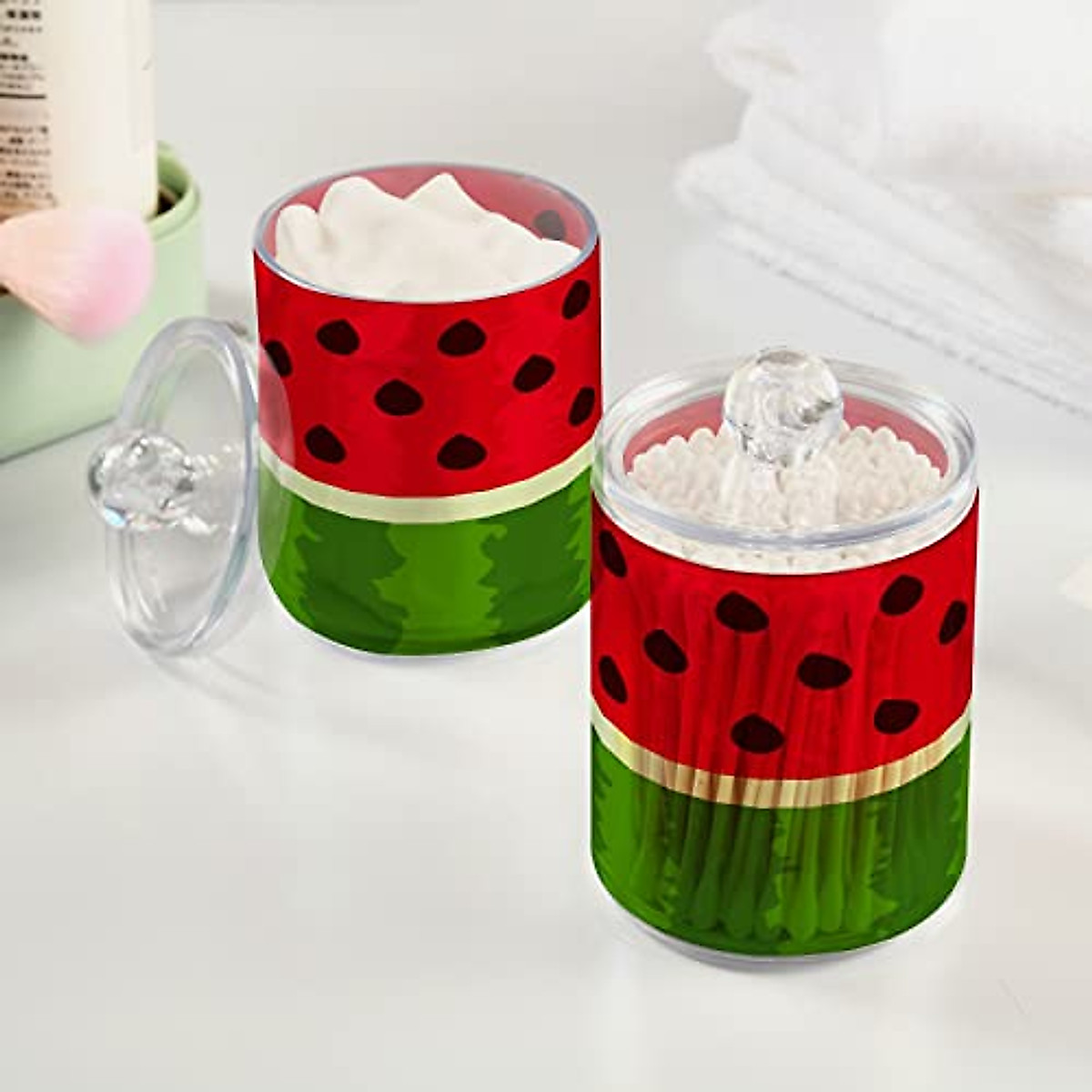 Red Watermelon Green Qtip Dispenser Apothecary Jars Bathroom Qtip Holder Storage Canister Plastic Jar 10 Oz for Cotton Ball Swab Round Pads Floss 4pcs