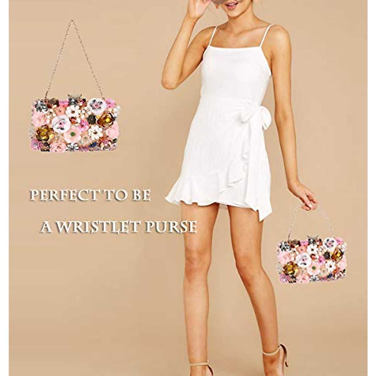 Selighting Colorful Floral Clutch Evening Bags for Women Formal Beaded Bridal Wedding Purse Prom Cocktail Party Handbags Champagne