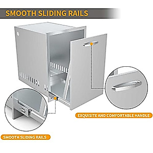 KODOM Built-in Single Trash Drawer 17" W x 23" H x 16" D Pull-Out Tray Outdoor Kitchen Stainless Steel Trash Drawer with Handle Storage Trash Bins or Propane Tank for BBQ Island Grill Station