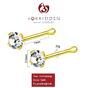 Forbidden Body Jewelry Set of 2: 22g 18k Gold Plated Sterling Silver CZ Simulated Diamond Nose Stud, 2.5mm Crystal