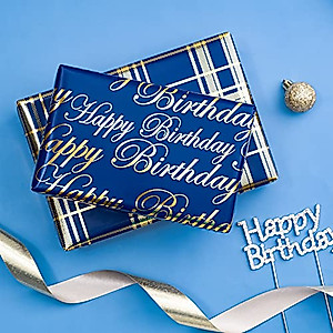 WRAPAHOLIC Birthday Wrapping Paper Roll - Mini Roll - 3 Rolls - 17 inch X 120 inch Per roll - Blue and Gold Foil Design for Party, Holiday, Baby Shower