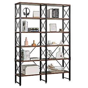 MELLCOM Double Wide 6-Tier Bookshelf, Industrial Open Large Bookcase, Wood and Metal Tall Bookshelves for Living Room Bedroom Office, Rustic Brown