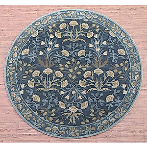 Old Hand Made Floral Blue Tulip Traditional Persian Oriental Woolen Area Rugs (8'x8' Round)