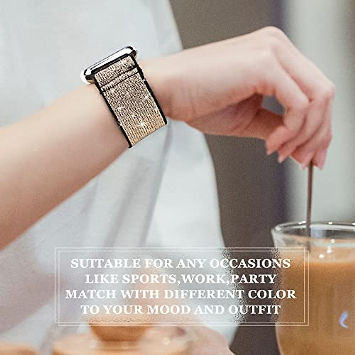 Bling Nylon Stretchy Bands Compatible With Apple Watch Bands 38mm 40mm 41mm For Women Girls, Adjustable Braided Loop Sport Bands For iWatch Series 8 7 6 SE 5 4 3 2 1, 6 Pack Sparkly Shiny Black Pink