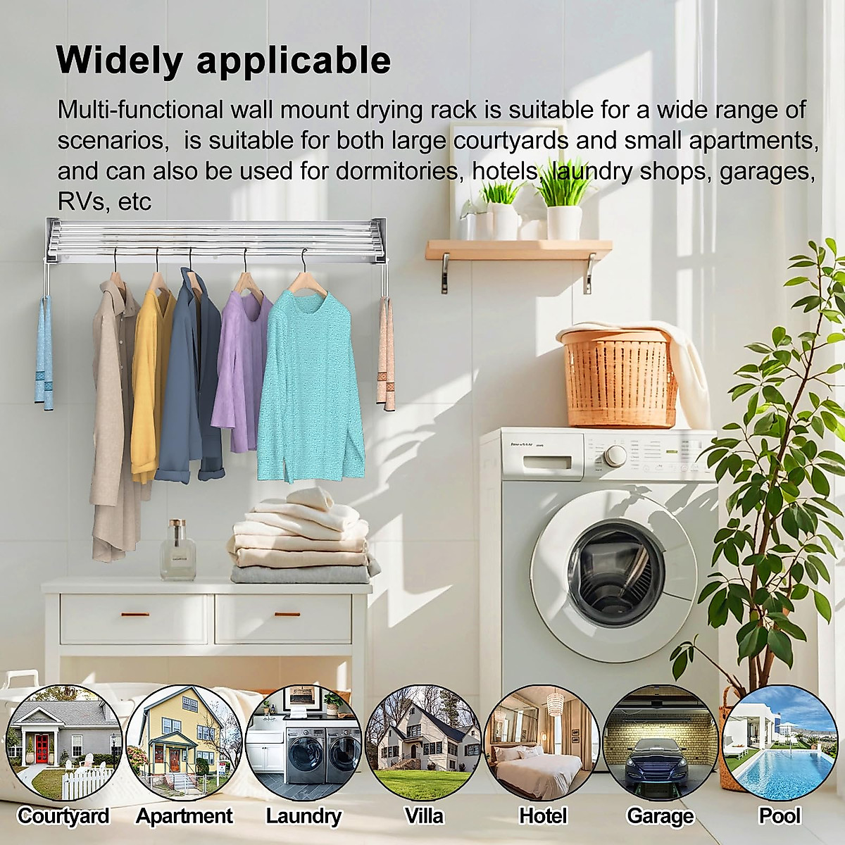 Gorblos Wall Mounted Drying Rack, Foldable Laundry Rack, Collapsible Drying Rack, 5 Stainless Rods, Wall Mounted Clothing Rod with 2 Towel Bar, 90 lb Capacity, 31.5" White