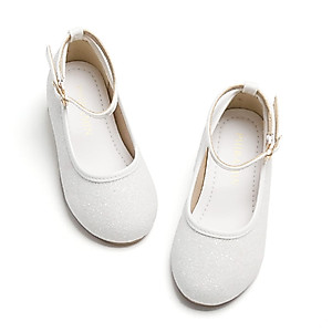 PHIRAMIN Toddler Flower Girl Glitter White Dress Shoes - Little Girl Ballet Flats Size 12 Wedding Party