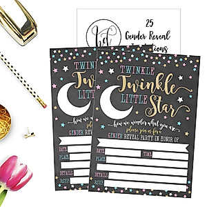 25 Twinkle Little Star Gender Reveal Baby Shower Party Invitation Cards Gold and Black He or She For Gender Neutral Unisex Invites Guess If It's a Boy or Girl Sprinkle Fill In The Blank Printable Pack