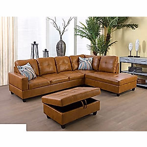 AYCP Golden Coast Furniture Sectional Sofa Set, L Shape Couch, Living Room Sofa Set, Leather Sectional Sofa with Storage Ottoman 103.5inch x 74.5inch x 35inch
