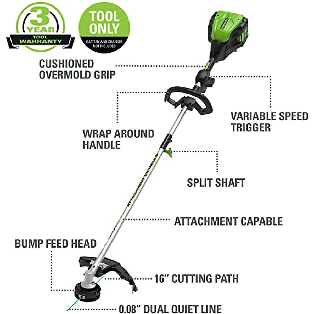 Greenworks PRO 16-Inch 80V Cordless String Trimmer (Attachment Capable), Battery Not Included GST80320