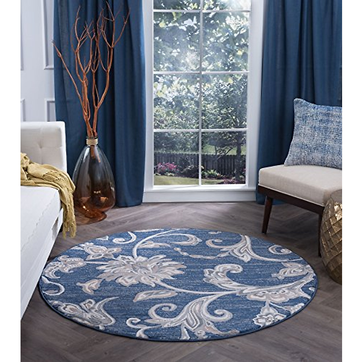 Garland Transitional Floral Navy Round Area Rug, 5' Round