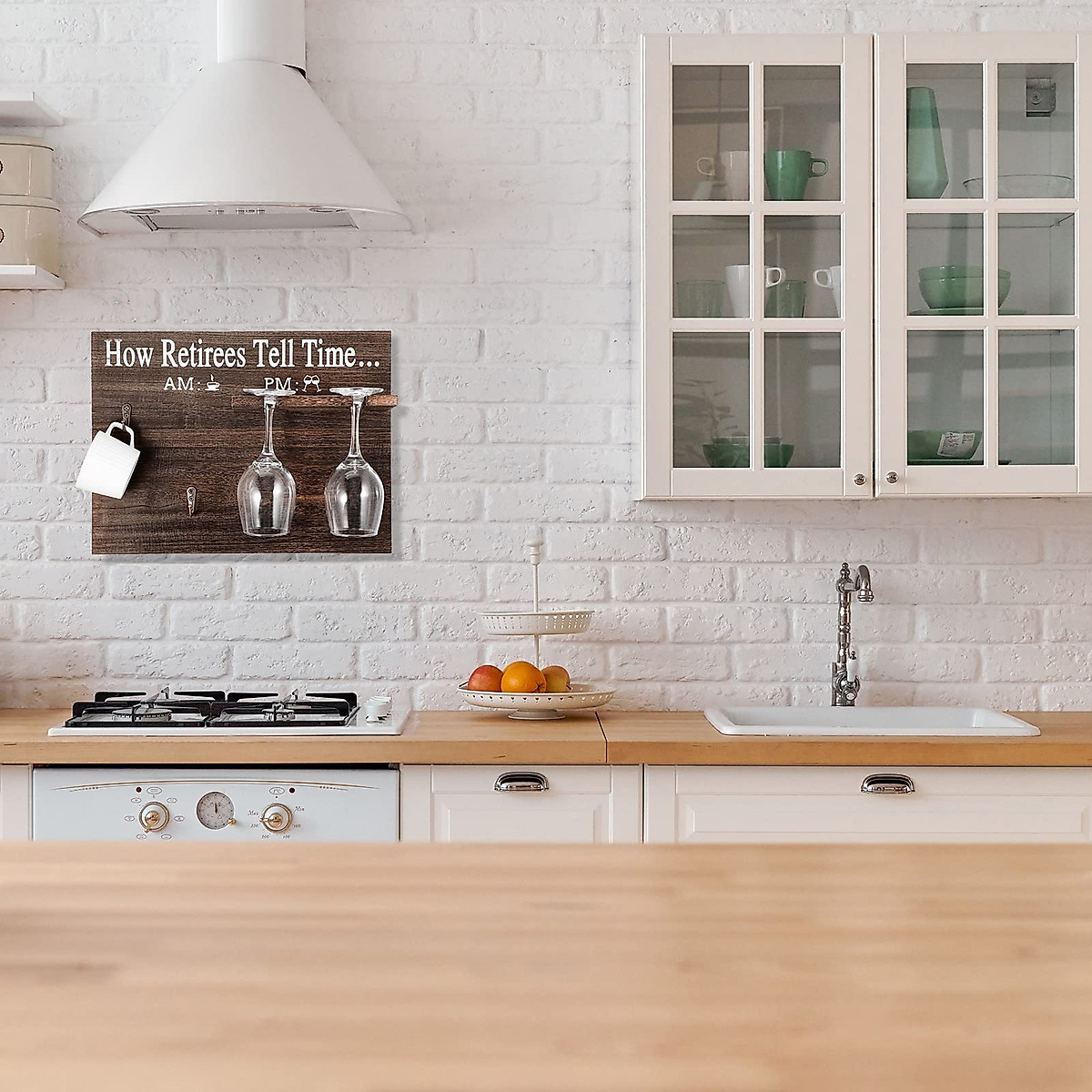 Wall Wooden Coffee Glasses Holder Rack, How To Tell Time Wooden Cup Holder, Popular Unique Gift for Couples Lovers Mother Women Retirements Gift, Mugs Glasses Not Included (How Retirees Tell Time)